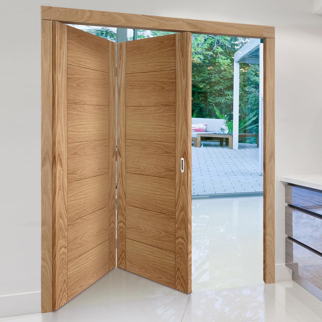 Two Folding Doors & Frame Kit - Carini 7 Panel Flush Oak 2+0 - Prefini