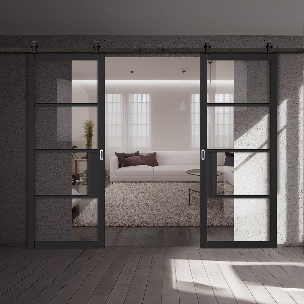 Top Mounted Black Sliding Track & Double Door - Chelsea 4 Pane Black P