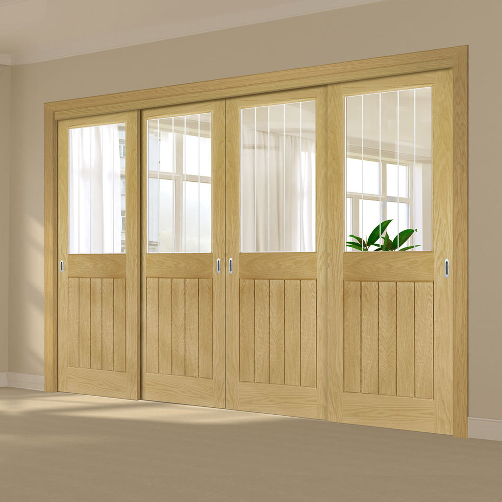 Pass-Easi Four Sliding Doors and Frame Kit - Ely 1L Top Pane Oak Door