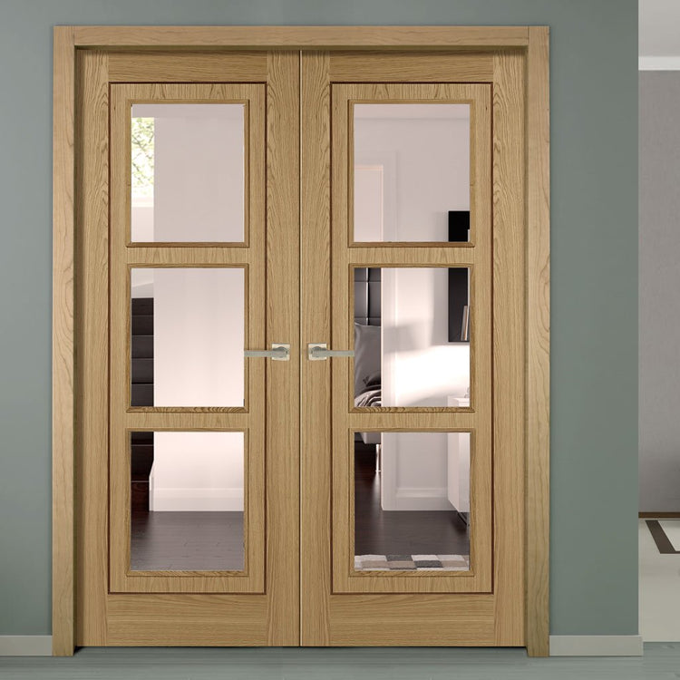 Oak 3 Pane Inlay Flush Internal Door Pair - Clear Glass - Prefinished ...