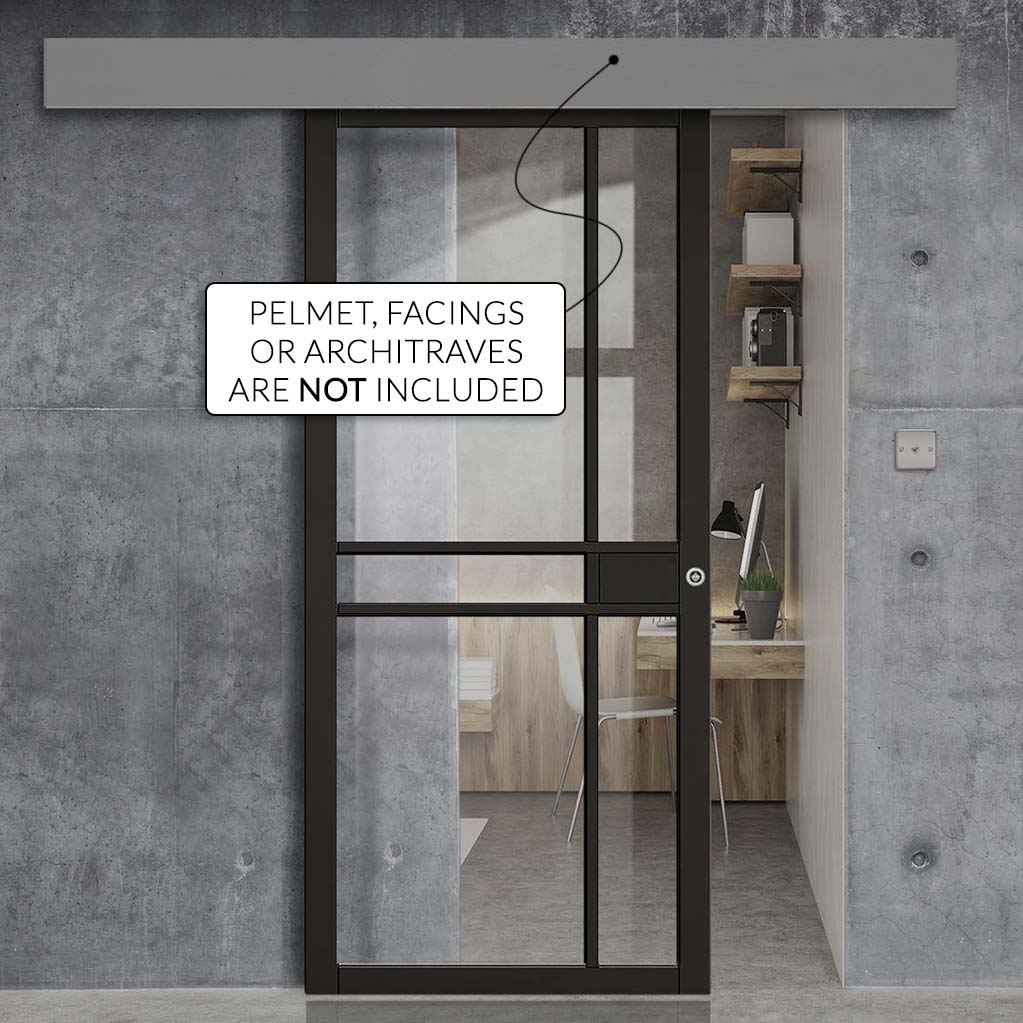 Single Sliding Door & Wall Track - Greenwich Door - Clear Glass - Blac