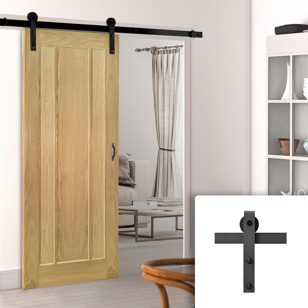 Single Sliding Door & Black Barn Track - Norwich American Oak Veneer D
