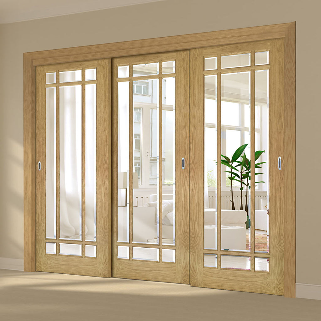 Pass-Easi Three Sliding Doors and Frame Kit - Kerry Oak Door - Bevelle