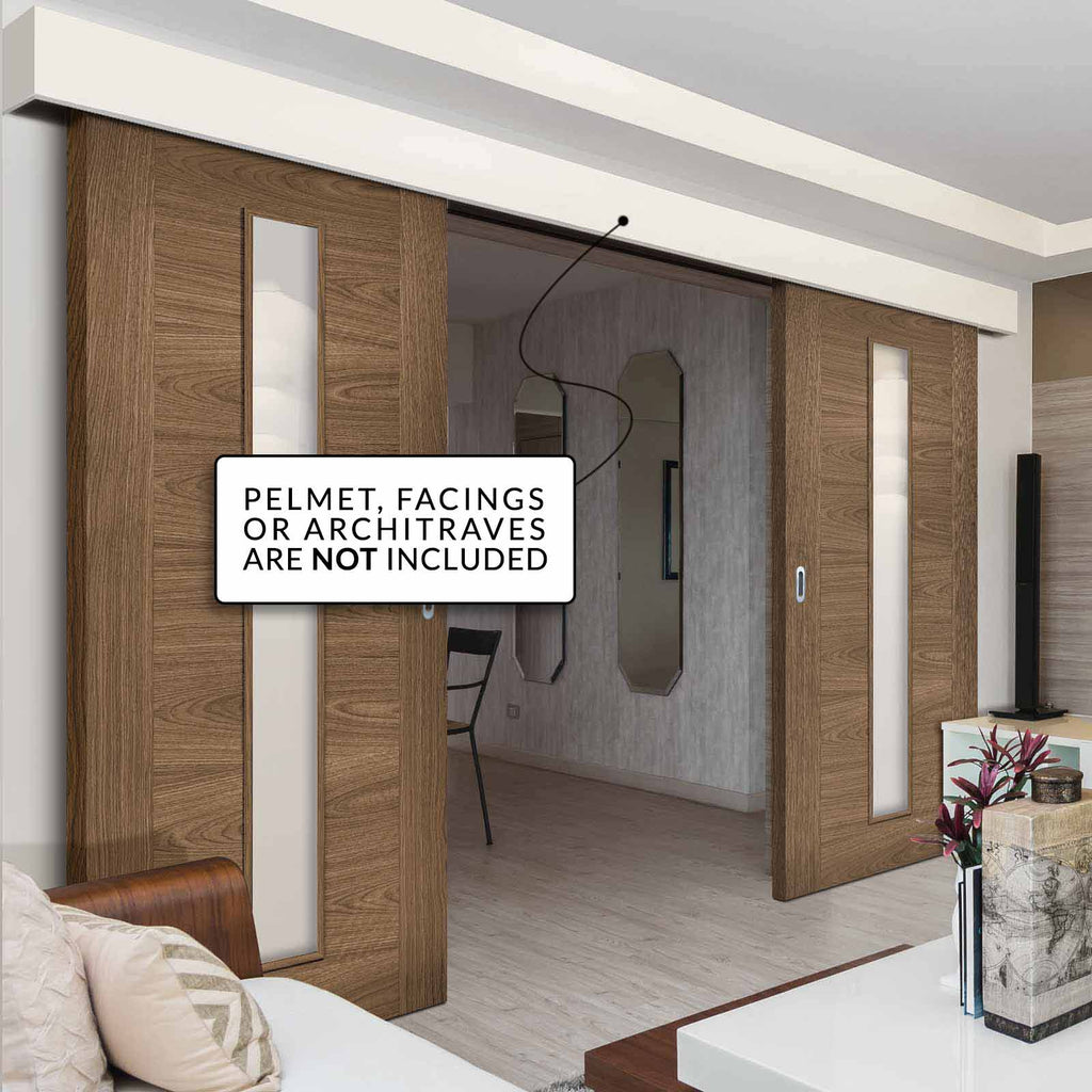 Double Sliding Door & Wall Track - Sofia Walnut Veneer Doors Clear Gla