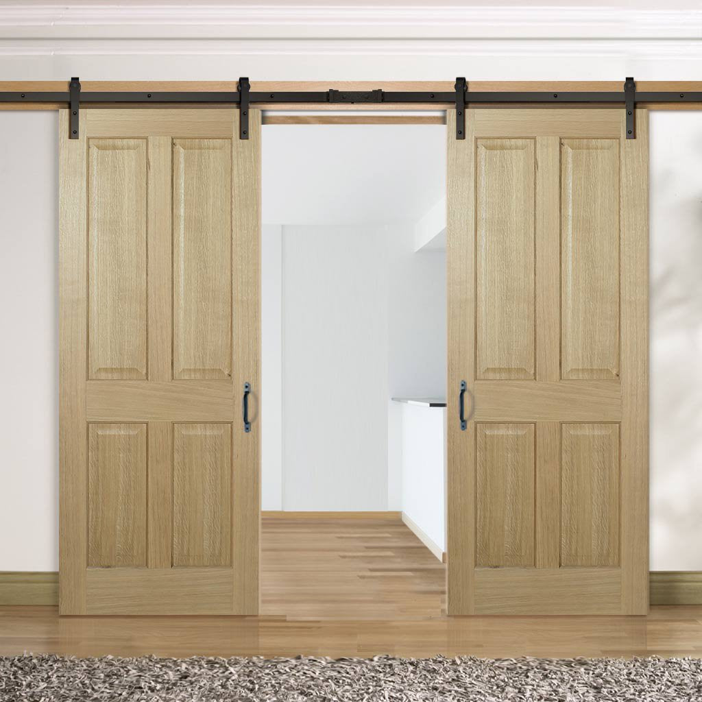 Double Sliding Door & Black Barn Track - Regency 4 Panel Oak Doors - P