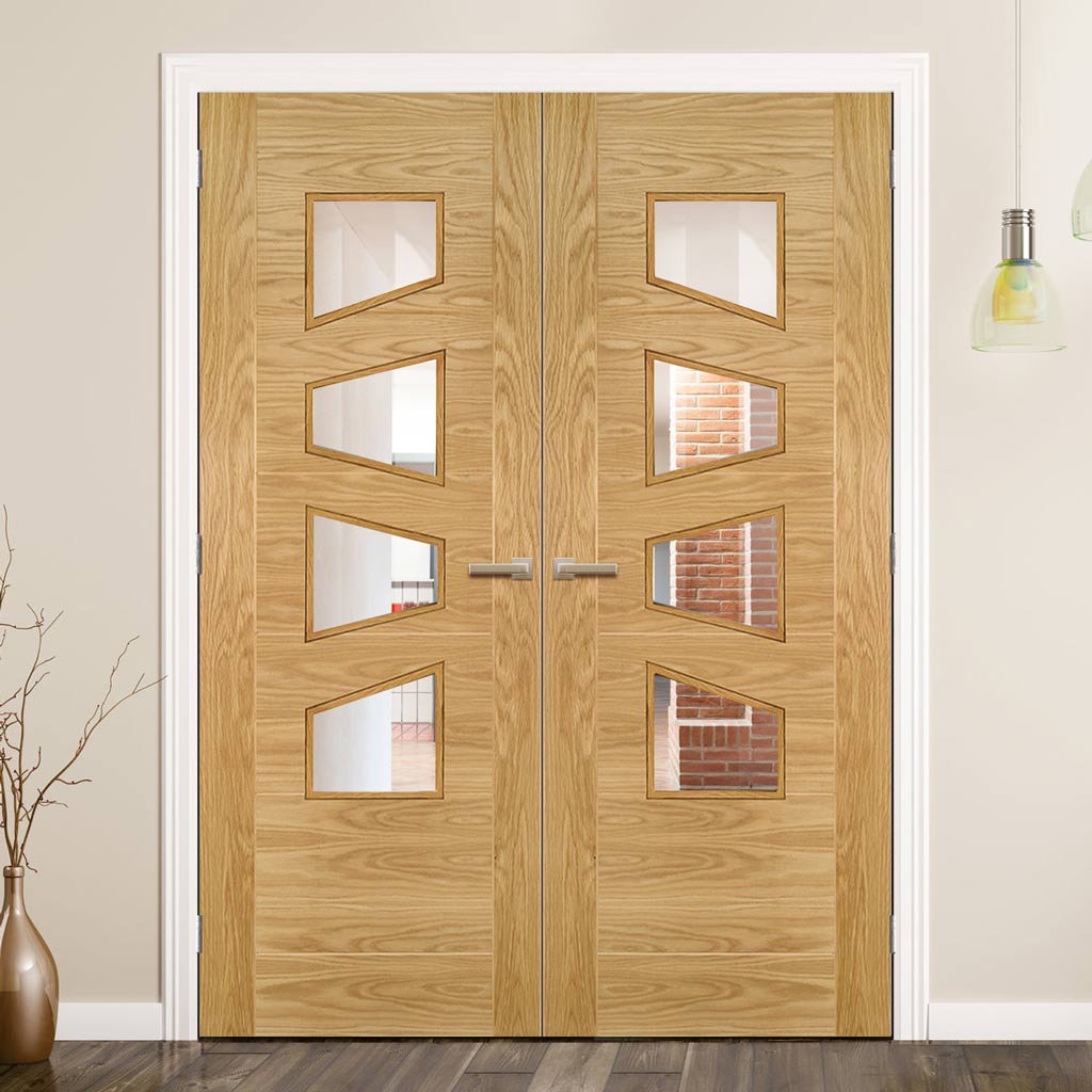 Seville 4LS Glazed Oak Internal Door Pair - Irregular Glass Panes - Pr