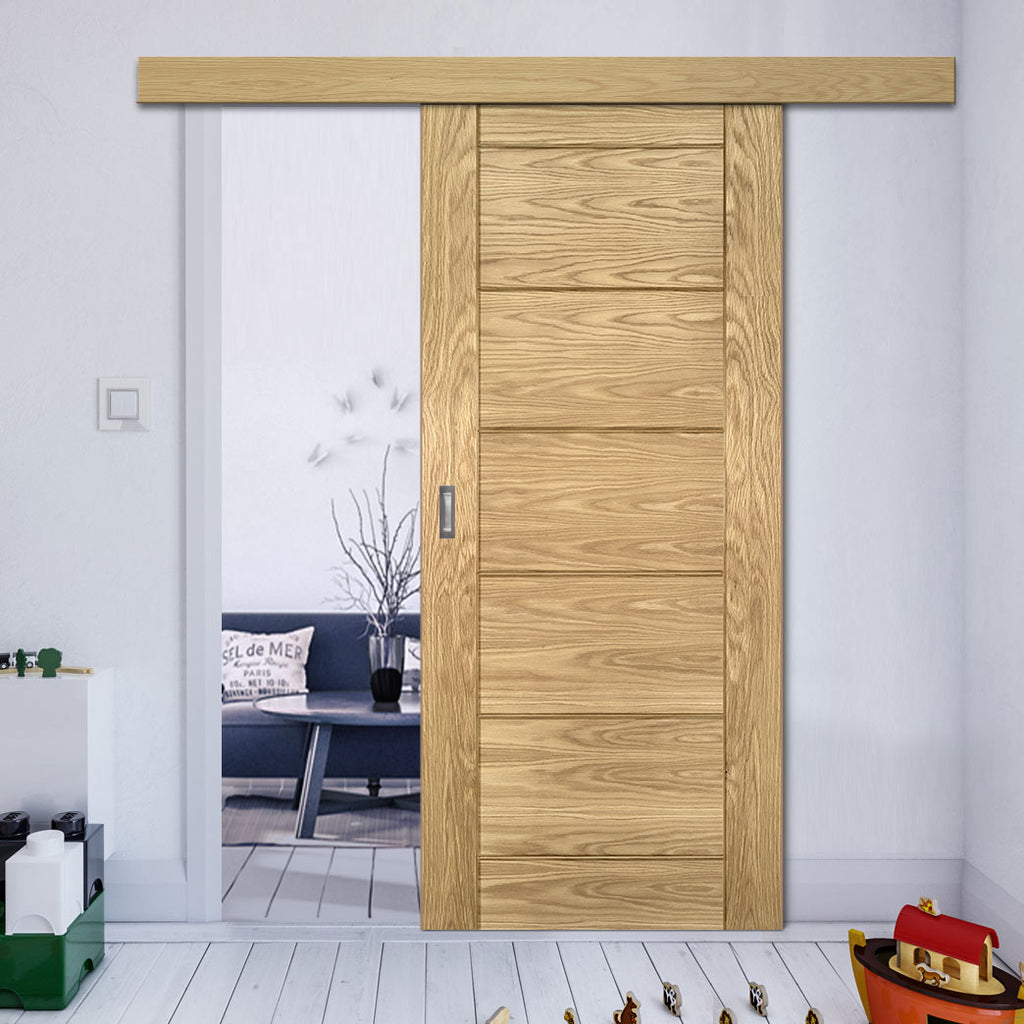 Single Sliding Door & Wall Track - Seville Oak Panel Door - Prefinishe