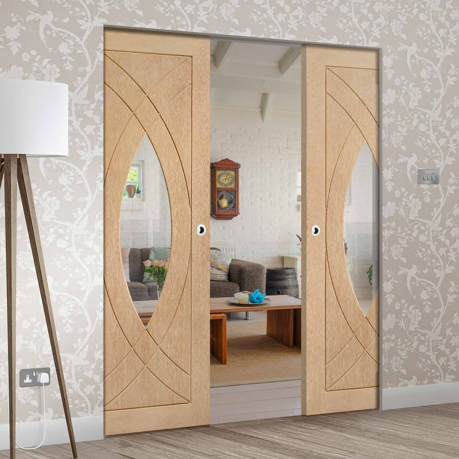 Treviso Oak Absolute Evokit Double Pocket Door Clear Glass Prefini
