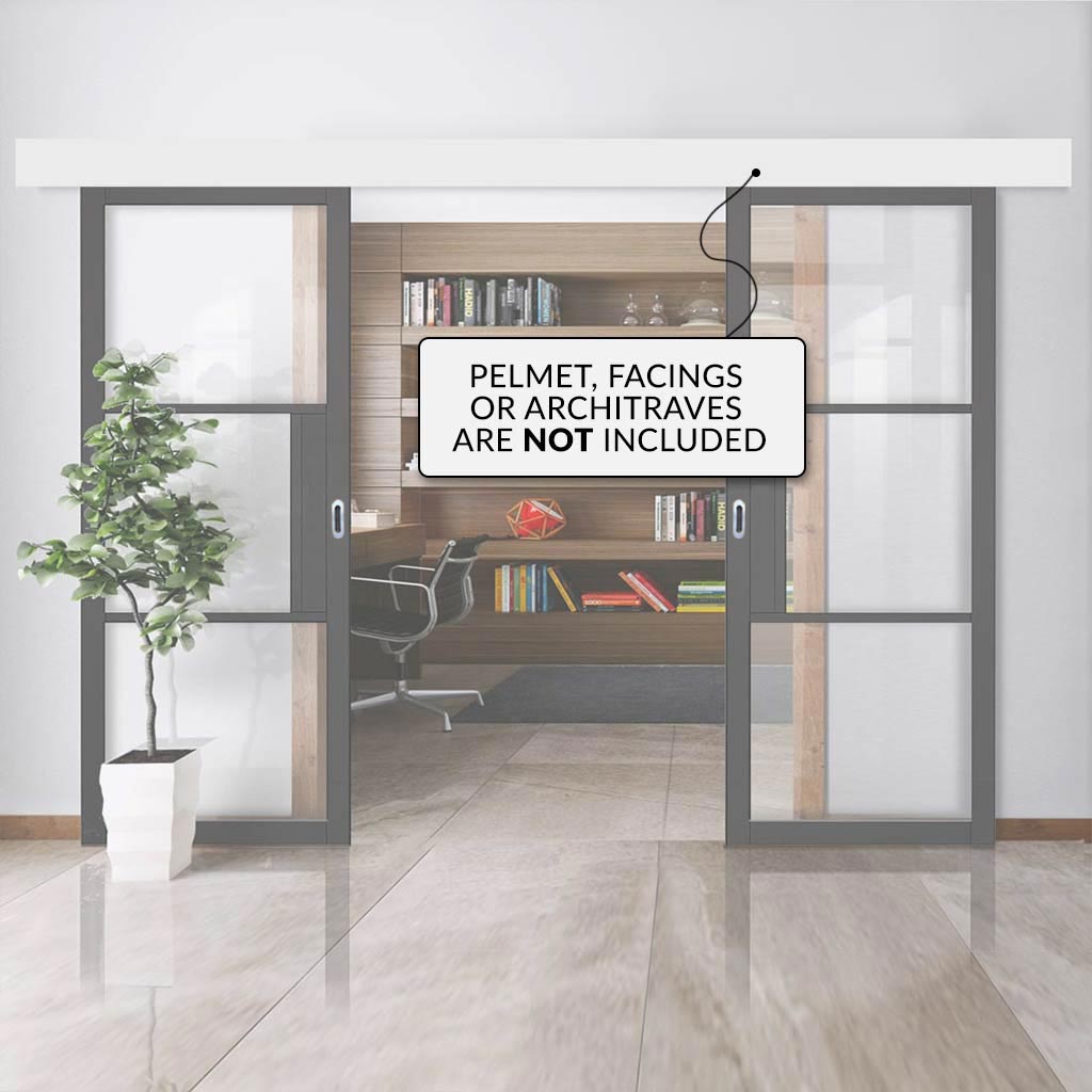 Double Sliding Door & Wall Track - Tribeca 3 Pane Black Painted Door