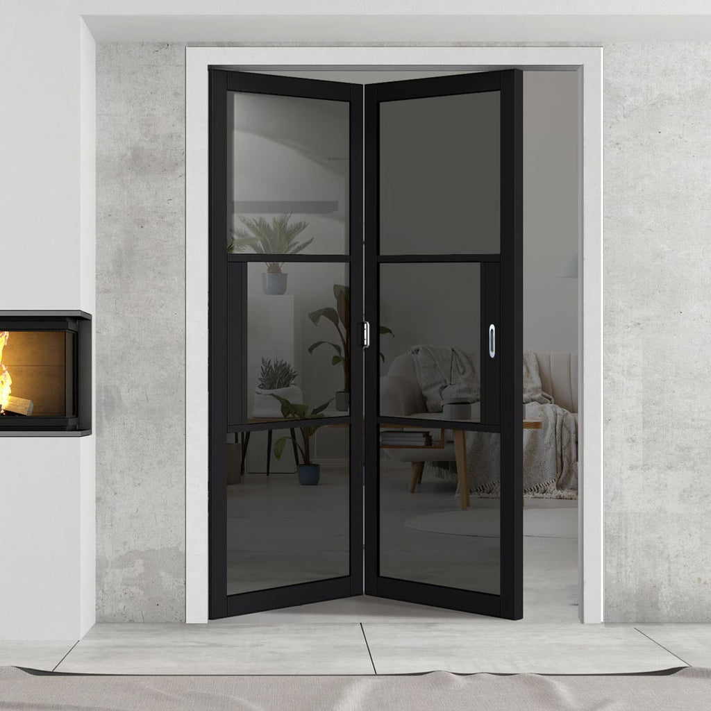 Two Folding Doors & Frame Kit - Tribeca 3 Pane Black Primed 2+0 - Tint