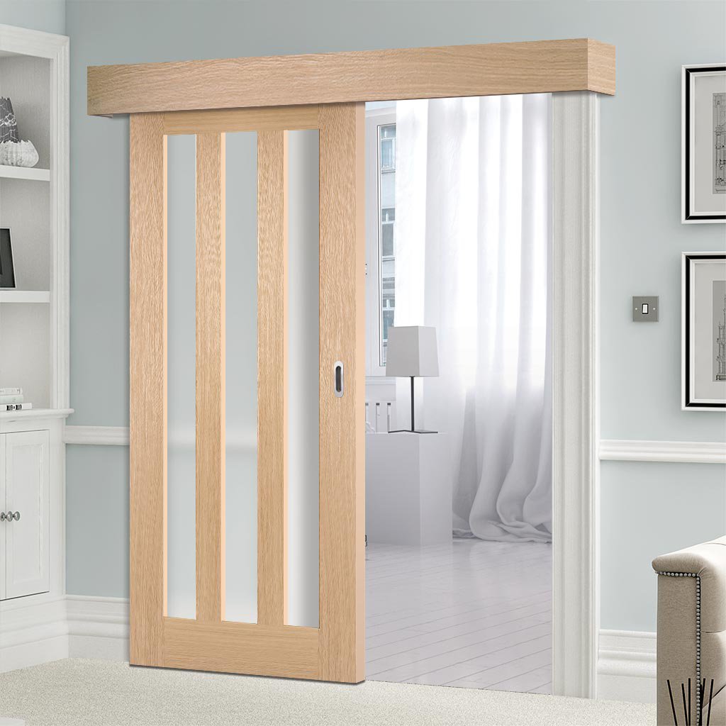 Single Sliding Door & Wall Track - Utah 3 Pane Oak Door - Frosted Glas