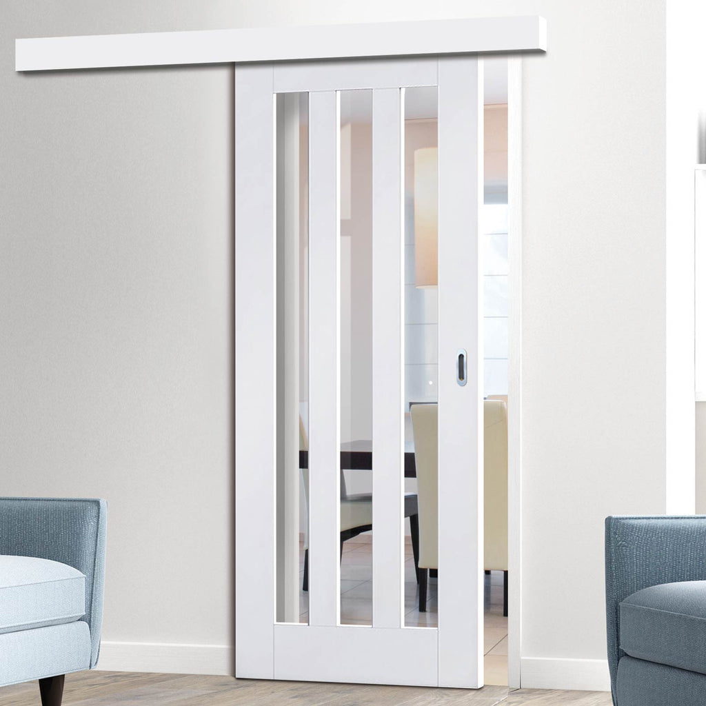 Single Sliding Door & Wall Track - Utah 3 Pane Door - Clear Glass - Wh