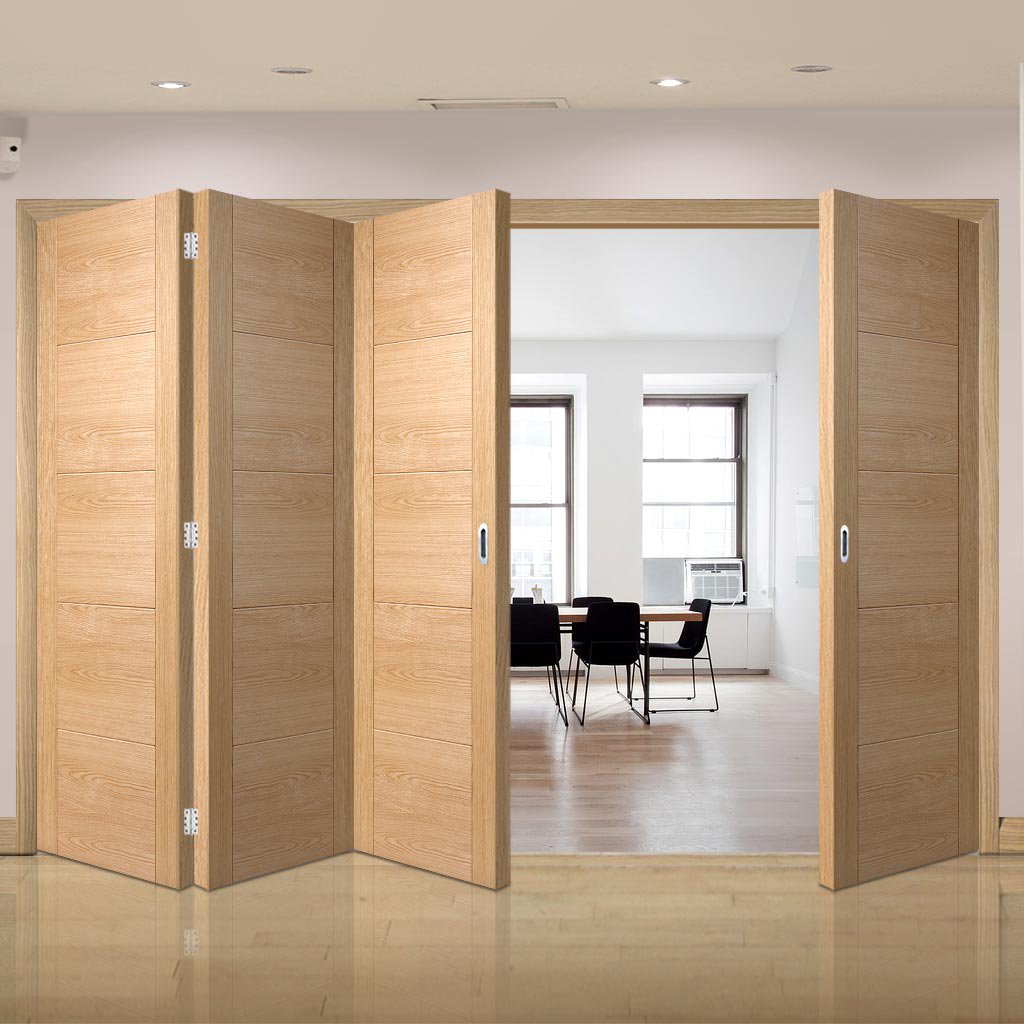 Four Folding Doors & Frame Kit - Vancouver 5 Panel Effect Flush Oak 3+